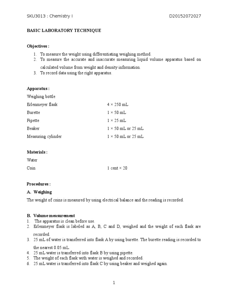 Exp 1 - Basic Laboratory Technique | PDF | Density | Accuracy And Precision