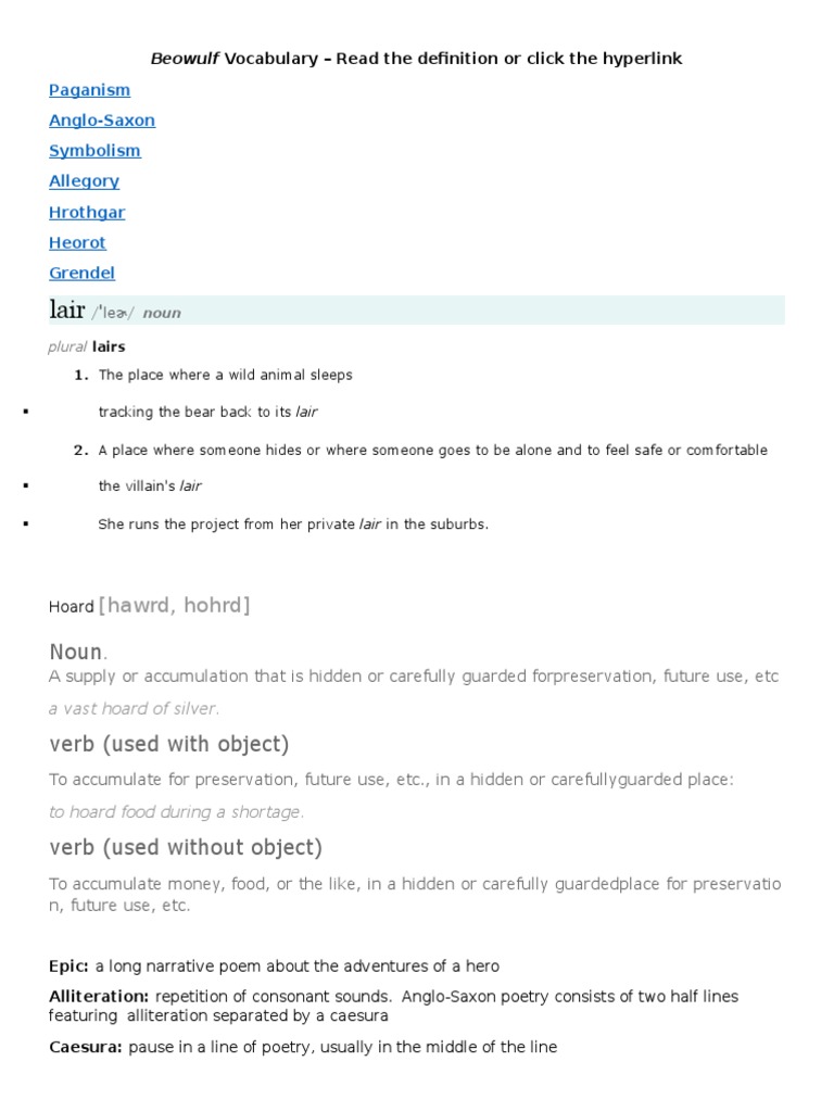 Beowulf Vocabulary | PDF