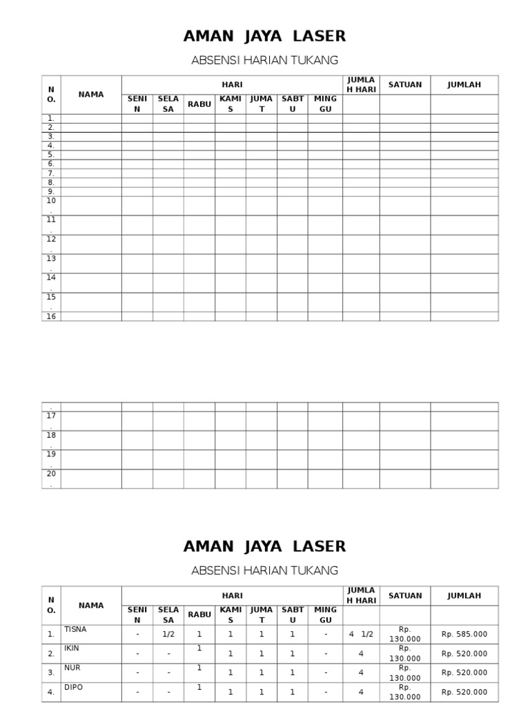 Absensi Tukang Aman Jaya Laser | PDF