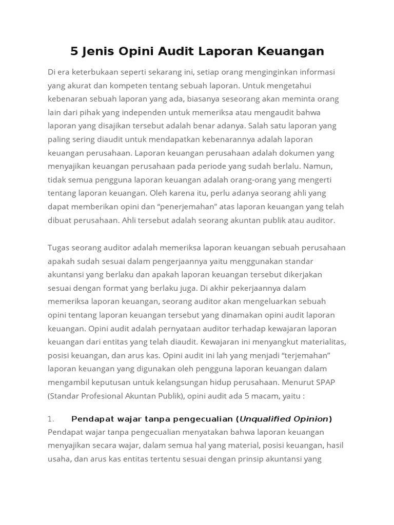 5 Jenis Opini Audit Laporan Keuangan | PDF