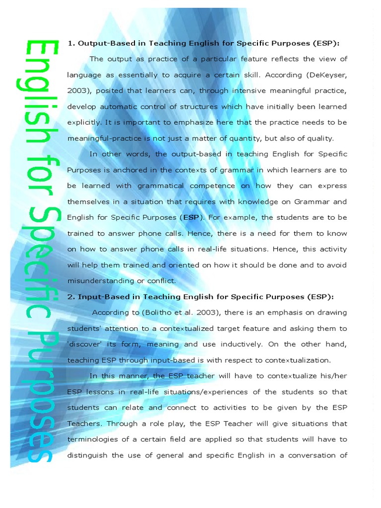 Output-Based in Teaching English For Specific Purposes (ESP) | PDF ...