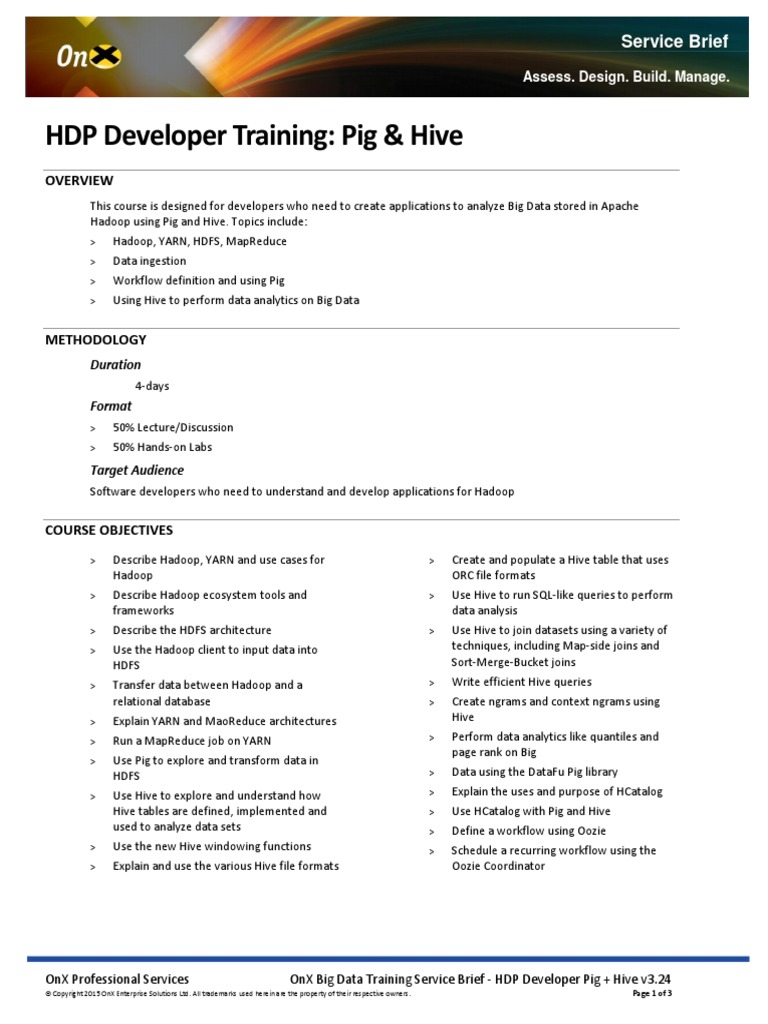 OnX Big Data Training Service Brief HDP Developer Pig Hive v3.24 | PDF | Apache Hadoop | Map Reduce