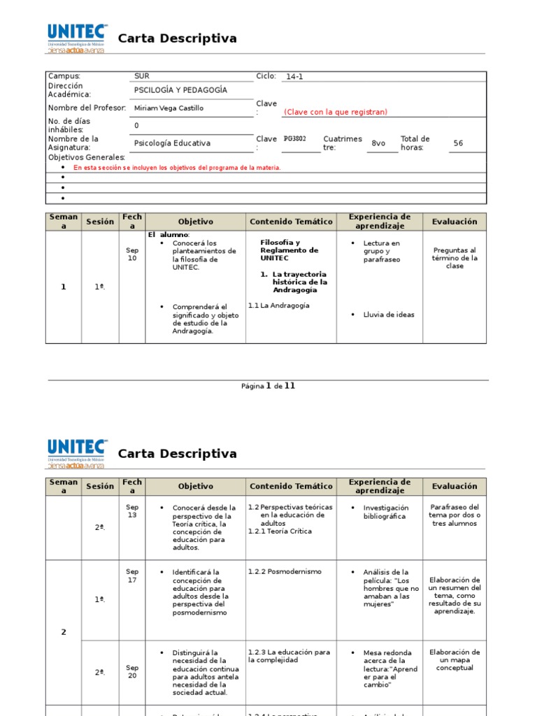 Ejemplo Carta Descriptiva | Aprendizaje | Maestros | Free 30-day Trial | Scribd