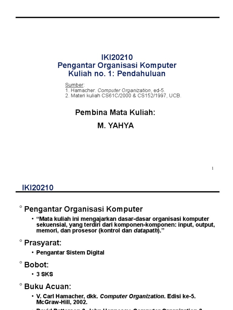 IKI20210 Pengantar Organisasi Komputer Kuliah No. 1: Pendahuluan | PDF ...