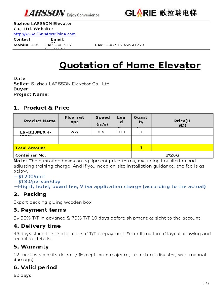 Larsson Quotation Sample Lsh320m-0.4-Vvvf | PDF | Door | Elevator