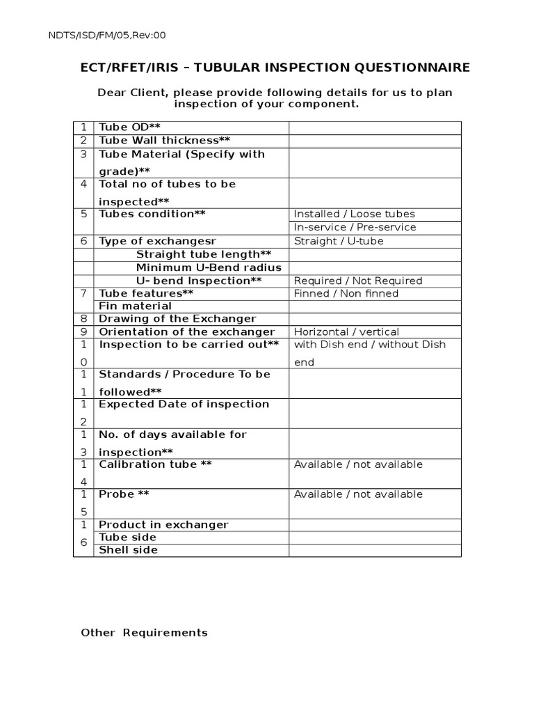 Tubular Inspection Questionnaire Template | PDF | Computers