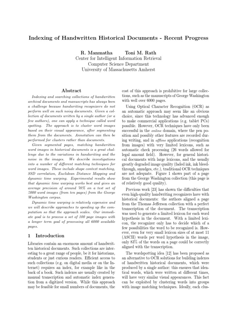 Indexing of Handwritten Historical Documents - Recent Progress | PDF