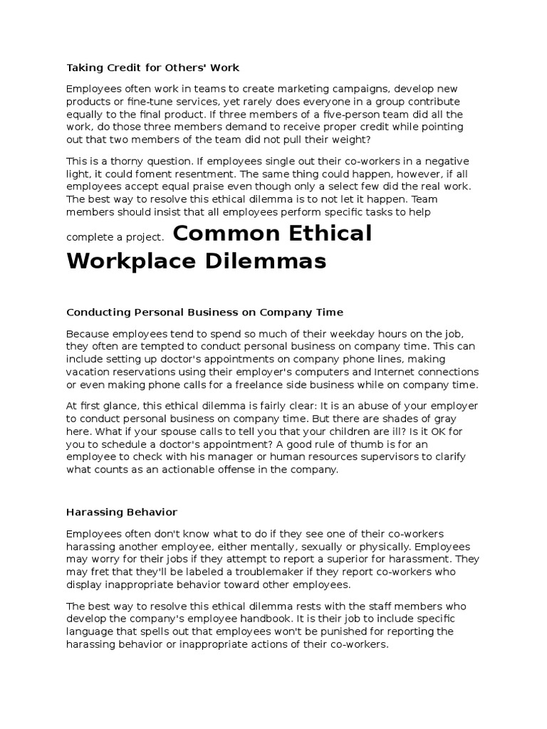 Common Ethical Workplace Dilemmas: Taking Credit For Others' Work | PDF ...