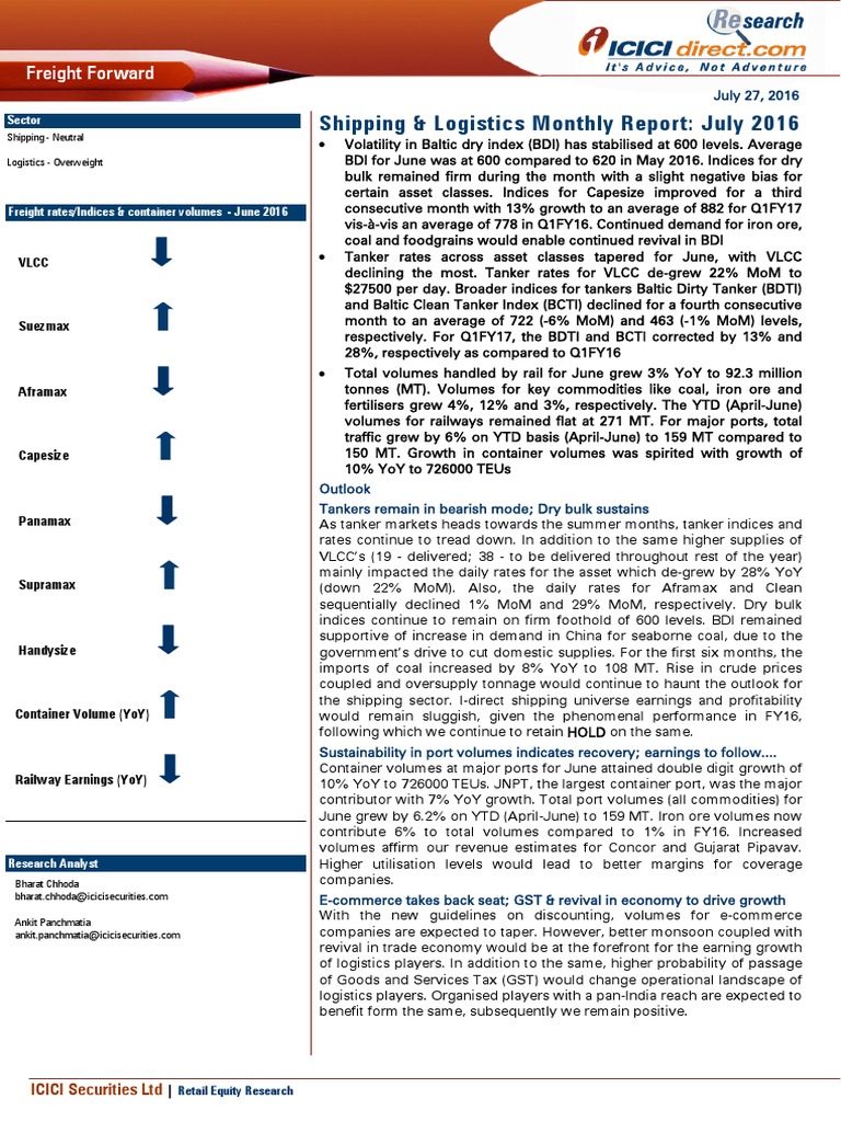 Shipping & Logistics Monthly Report: July 2016: Freight Forward | PDF