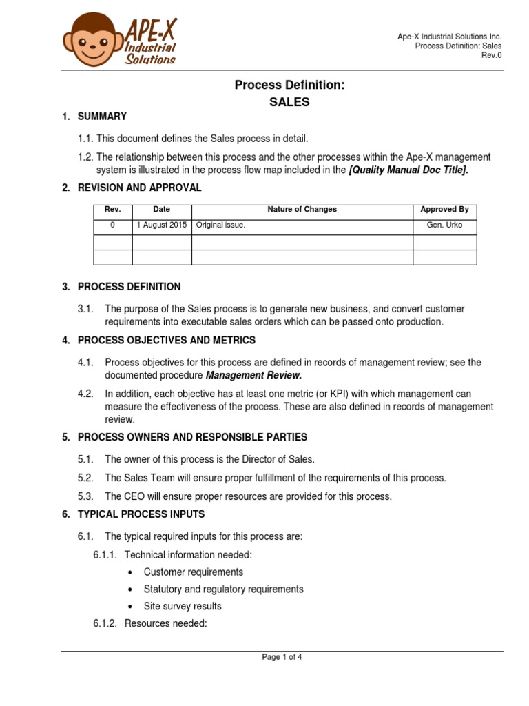 Sample Process Definition | PDF | Sales | Iso 9000