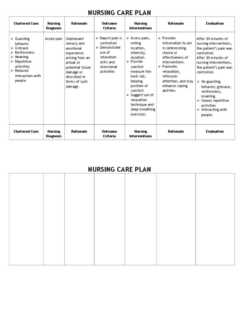 Nursing Care Plan: Clustered Cues Nursing Diagnosis Rationale Outcome ...