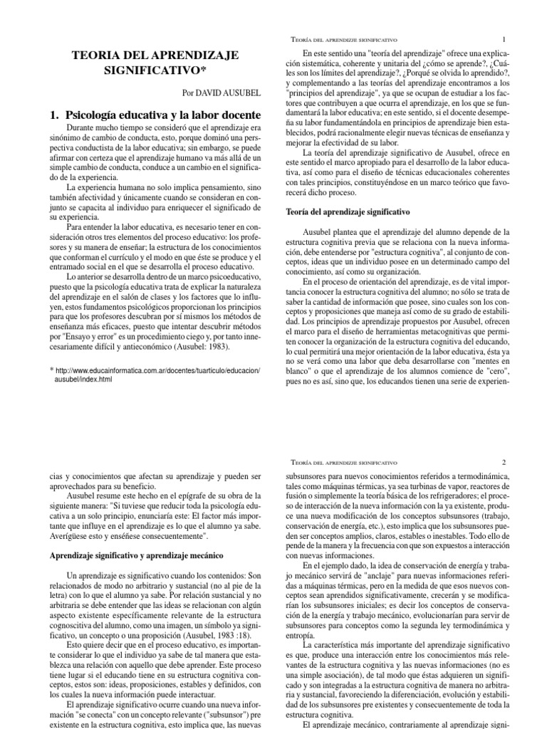 Teoria Del Aprendizje Significativo Teor PDF | PDF | Aprendizaje | Evaluación neuropsicológica