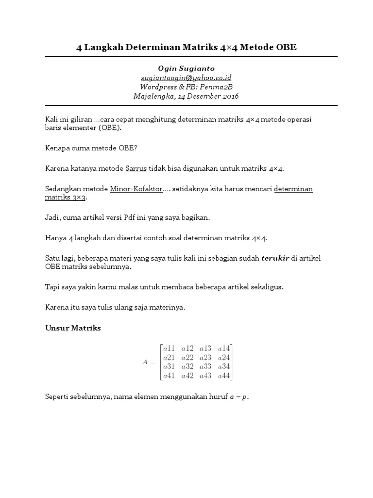 4 Langkah Determinan Matriks 4x4 Metode OBE | PDF