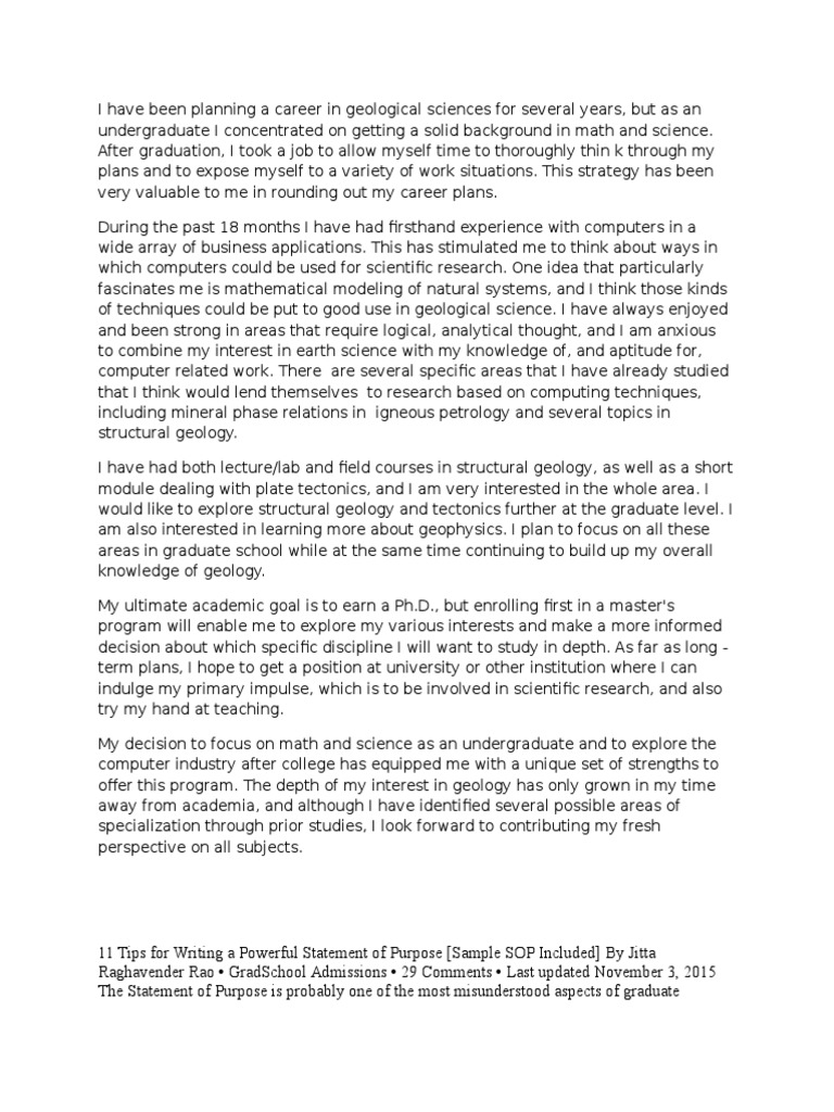 Draft SOP | PDF | Graduate School | Geology