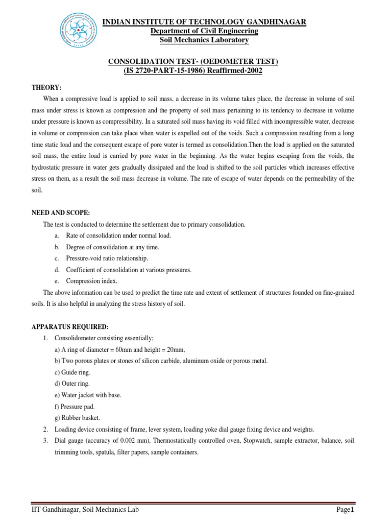 Consolidation Test - Lab Manual | PDF | Soil Mechanics | Continuum ...