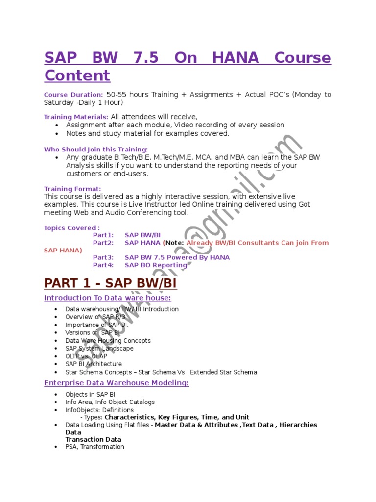 SAP BW 7.5 On HANA Online Training | PDF | Information Science | Data ...