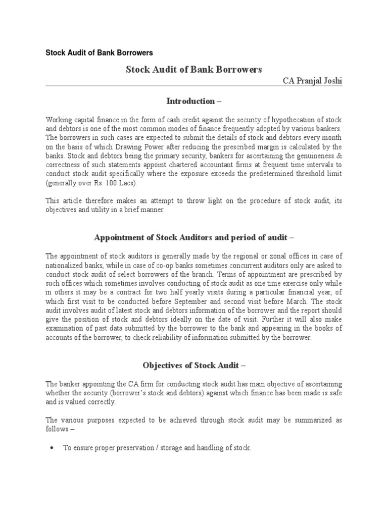 Stock Audit of Bank Borrowers: Introduction | PDF | Audit | Stocks