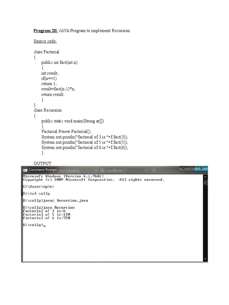 Program 20: JAVA Program To Implement Recursion | PDF