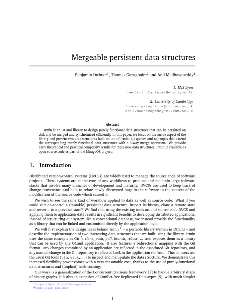 Mergeable Persistent Data Structures: Benjamin Farinier, Thomas Gazagnaire and Anil Madhavapeddy ...