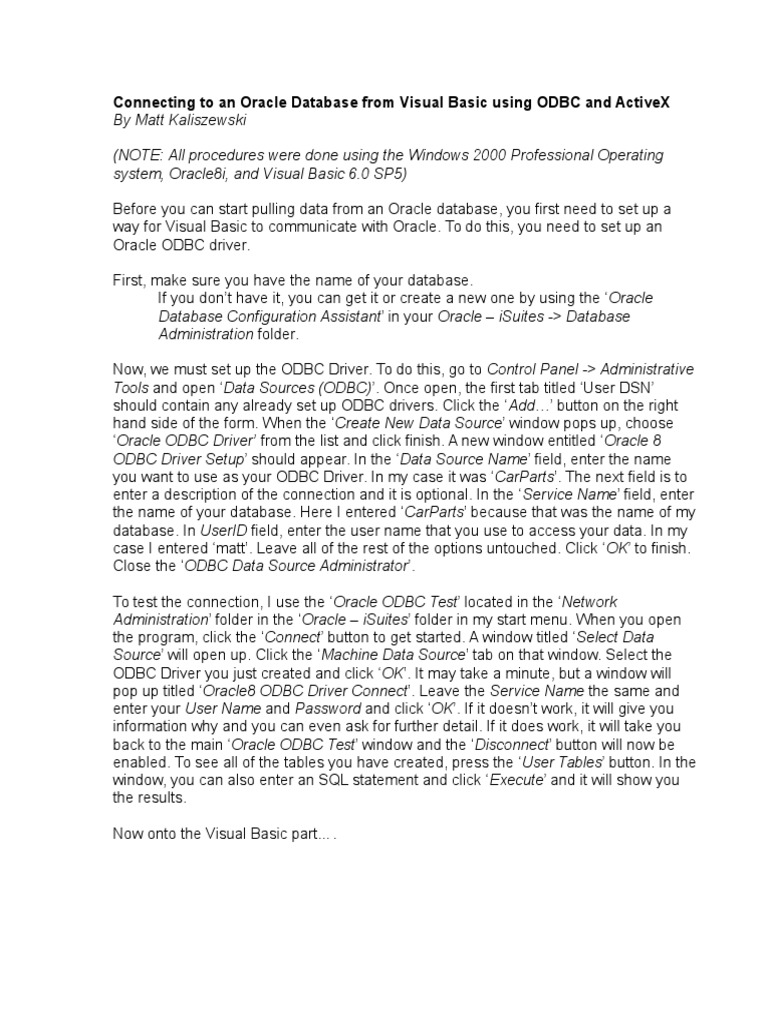 Connecting To An Oracle Database From Visual Basic Using Odbc And Activex Download Free Pdf