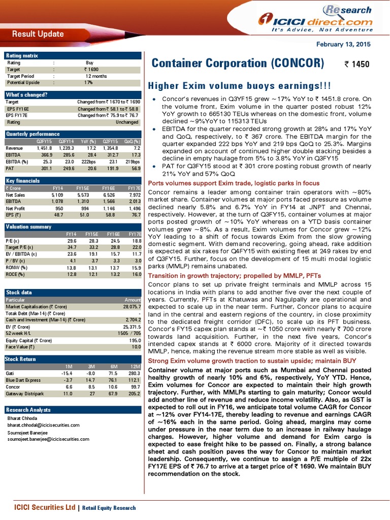 Concor's Exim Growth Drives Earnings | PDF | Securities Research | Securities (Finance)