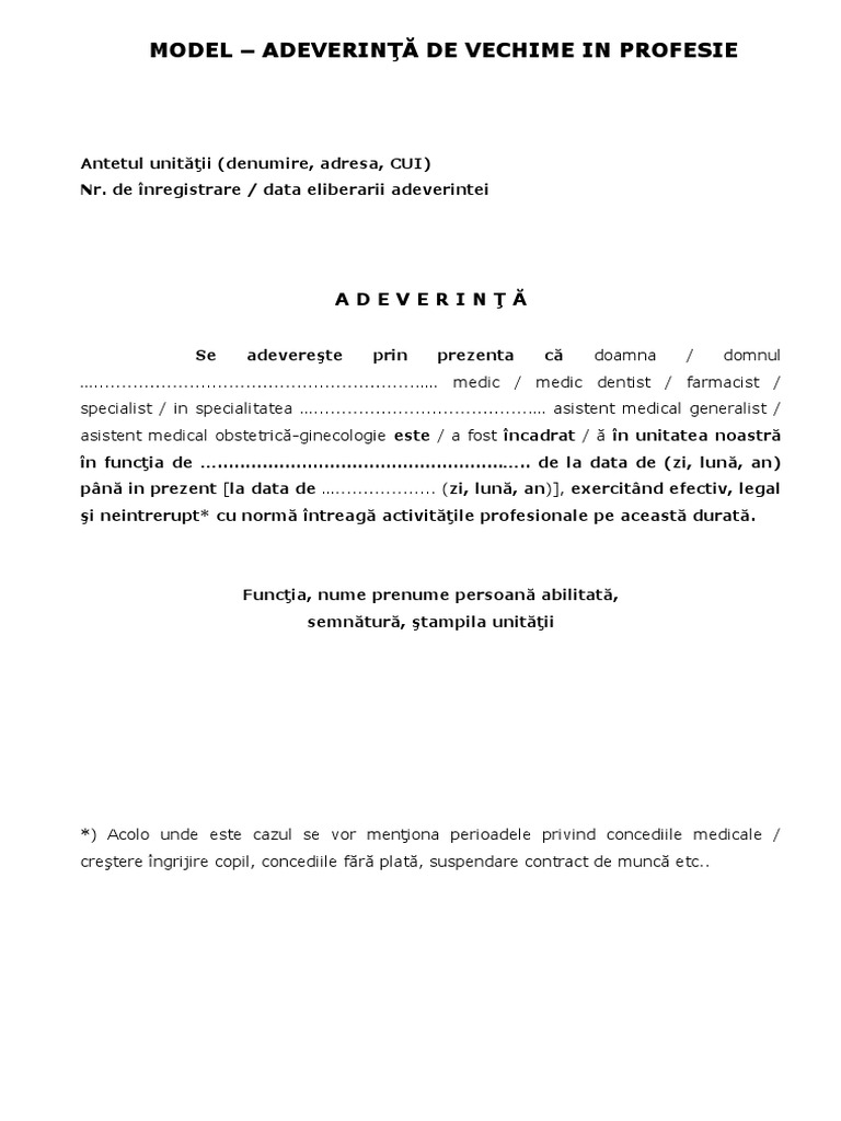 Adeverinta Vechime (Model) | PDF