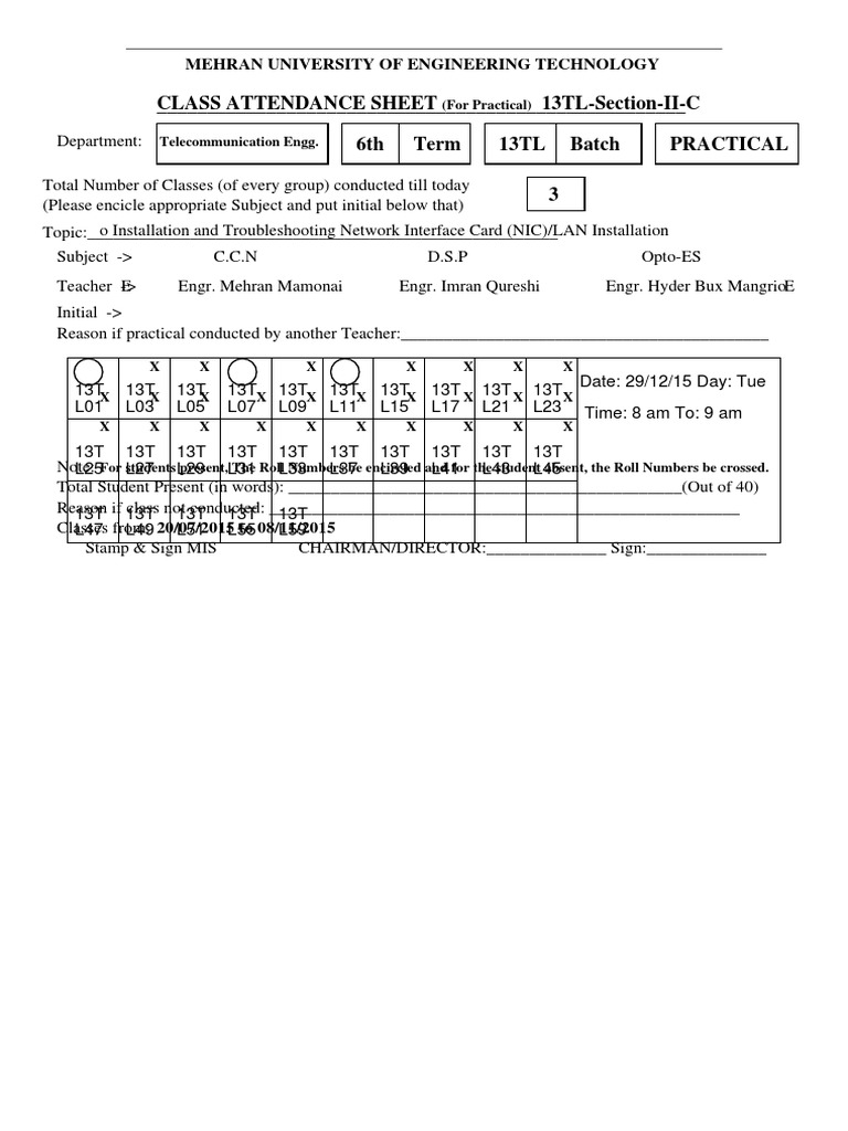 Class Attendance Sheet 13TL-Section-II-C - 6th Term 13TL Batch Practical | PDF