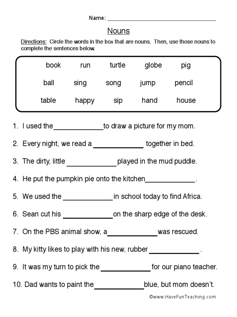 Noun Worksheet 1 2 | PDF