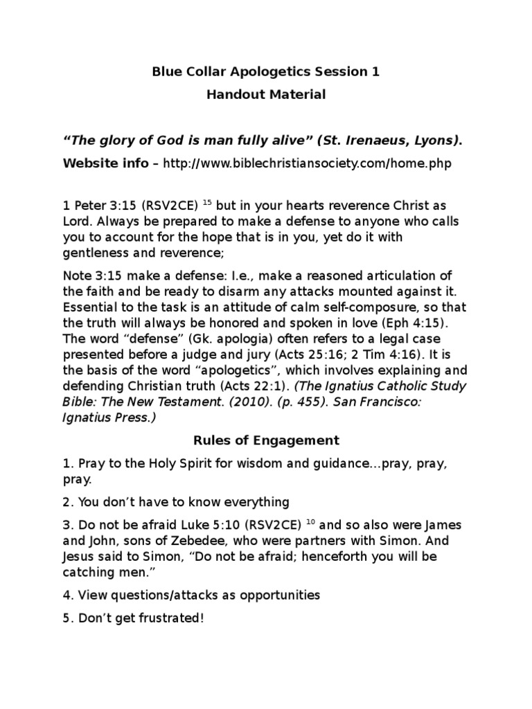 Blue Collar Apologetics Session 1 Handout Material | PDF