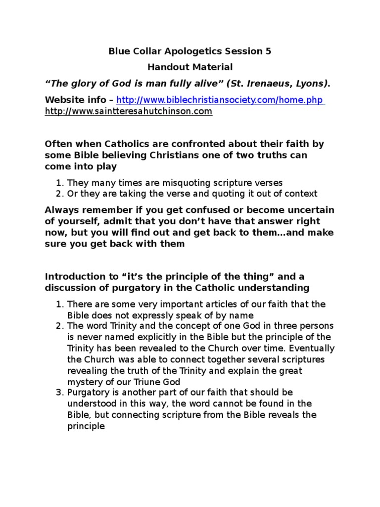 Blue Collar Apologetics Session 5 Handout Material Pdf Purgatory Sin