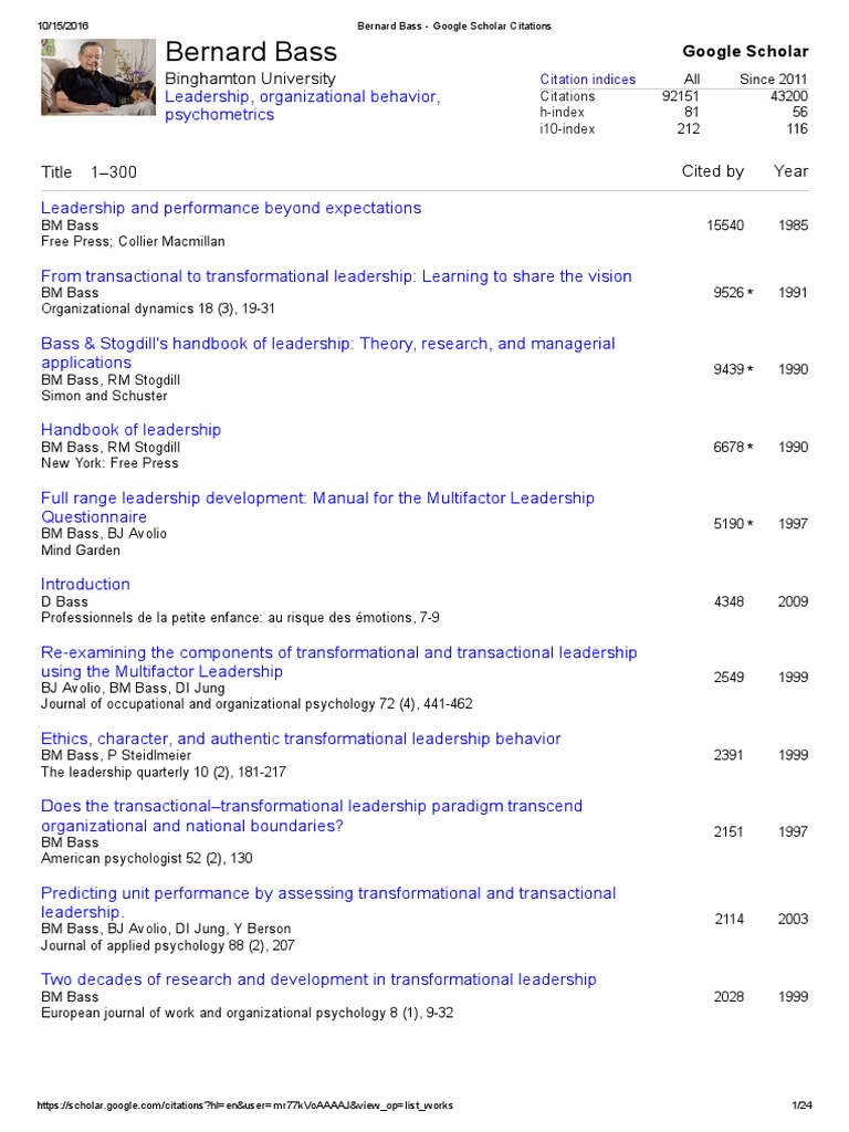 Bernard Bass - Google Scholar Citations2 | Transformational Leadership ...