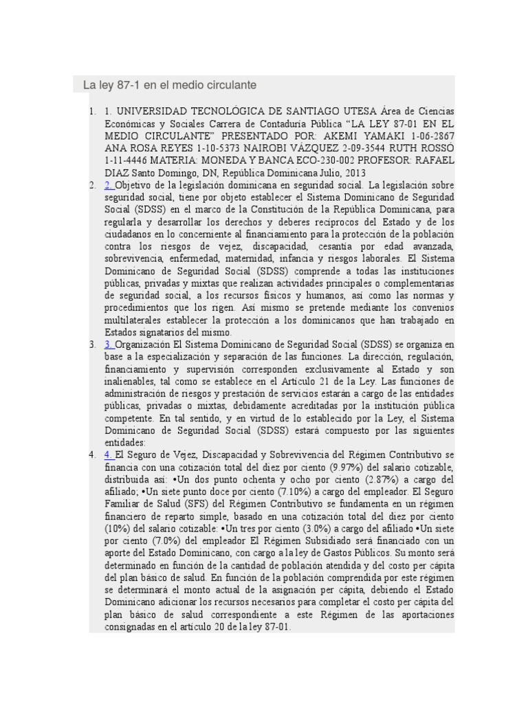 Resumen Ley 87-01 Sobre Tss | PDF | Pensión | Esfera pública