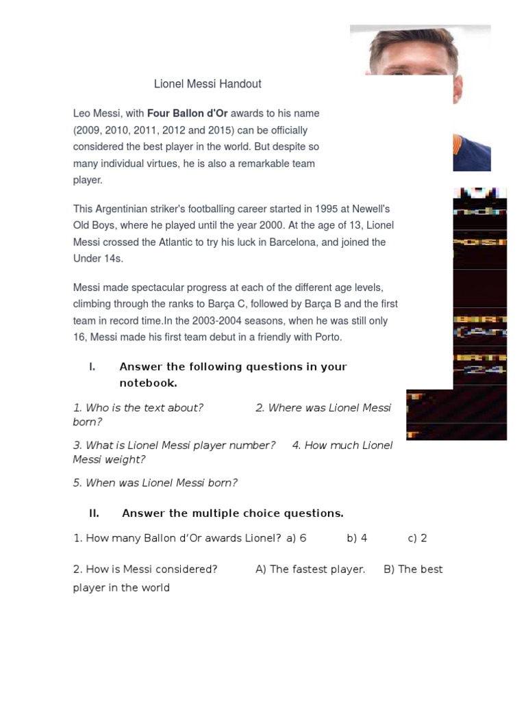 Lionel Messi Reading Comprehension | PDF