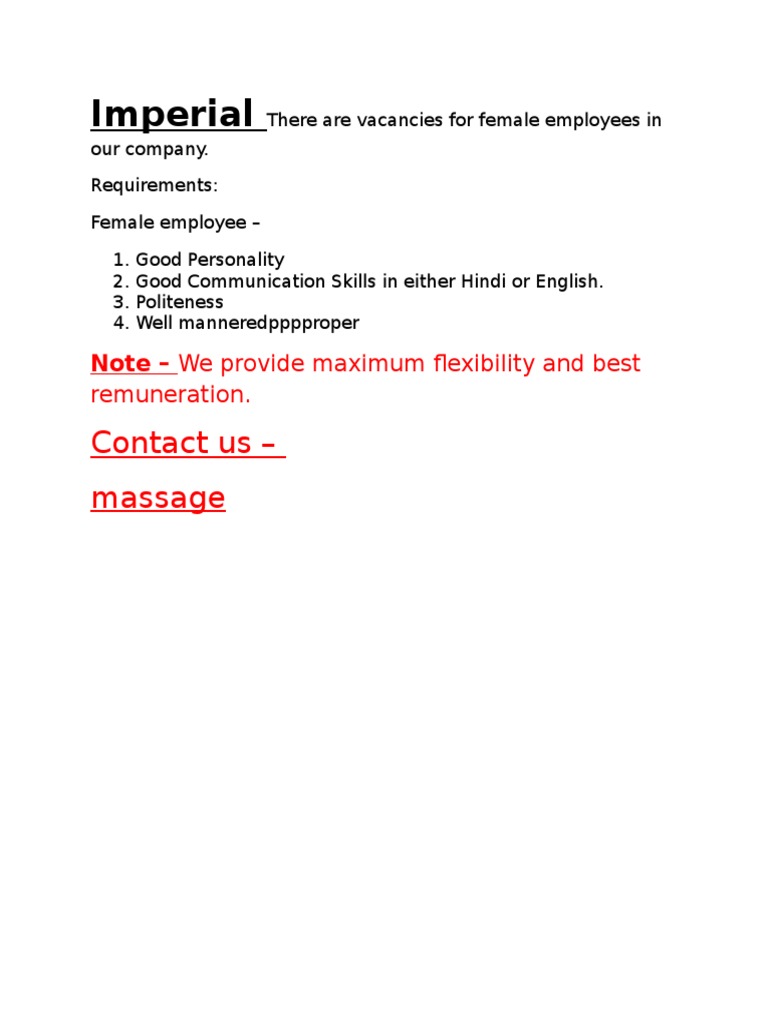 Female Job Openings at Imperial Company | PDF