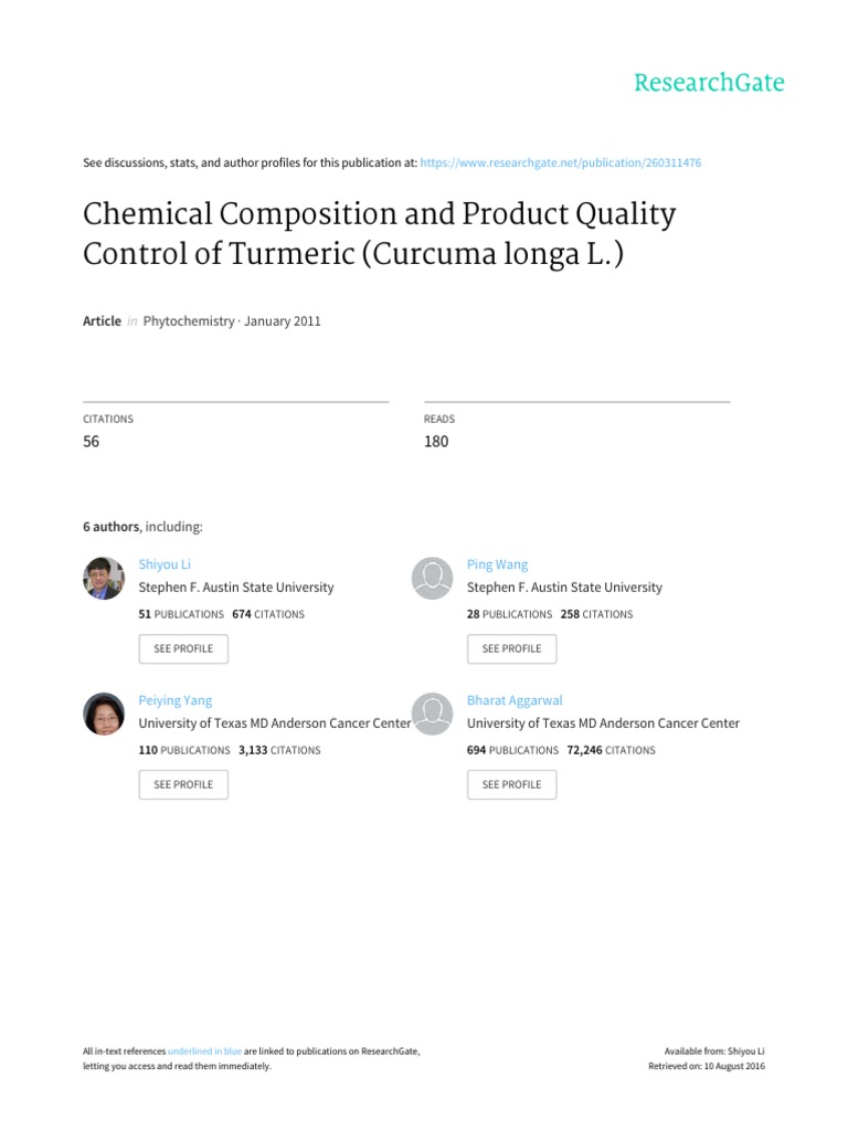 Chemical Composition and Product Quality Control in Turmeric | PDF ...