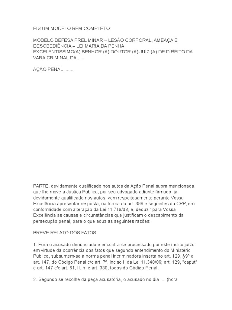 Modelo Defesa Preliminar Maria Da Penha | PDF | Lesão corporal (crime ...