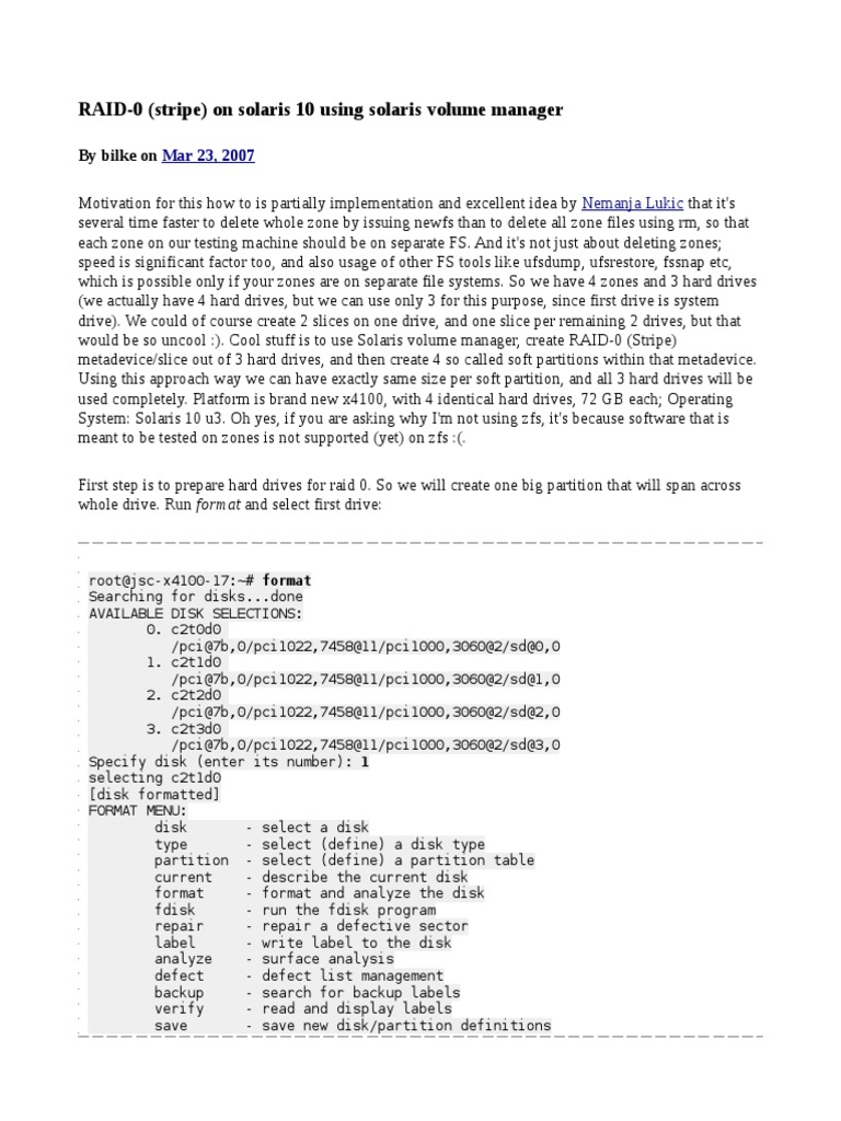 RAID-0 (Stripe) On Solaris 10 Using Solaris Volume Manager | PDF | Disk Storage | Data