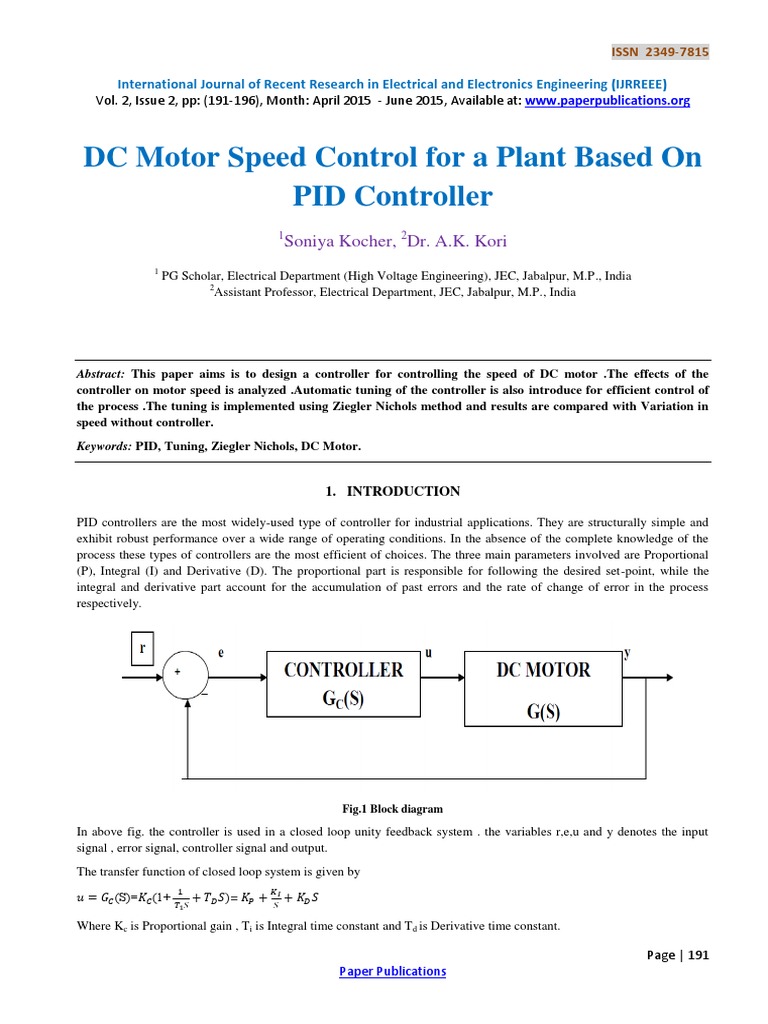 DC Motor Speed Control For A Plant Based On PID Controller-354 PDF | PDF