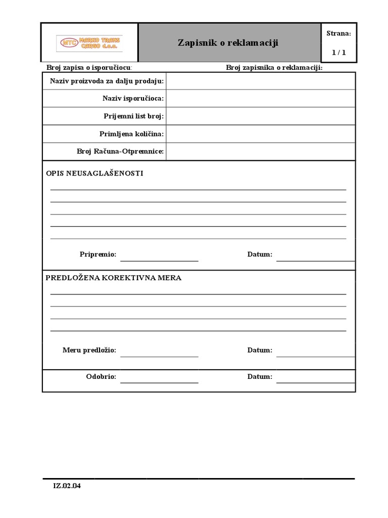 IZ.02.04 Zapisnik o Reklamaciji | PDF