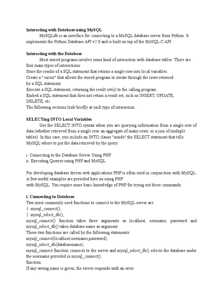 Interacting With Database Using MySQL | PDF | Sql | Php