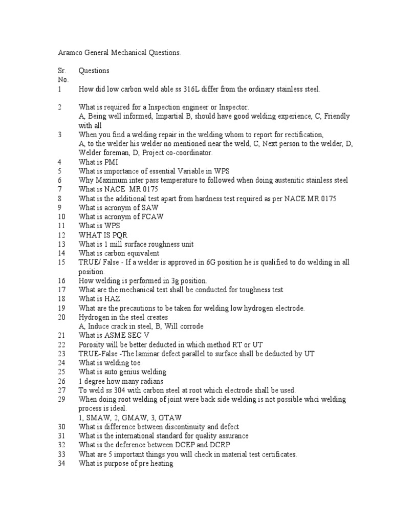 Aramco General Mechanical Questions | PDF | Welding | Construction