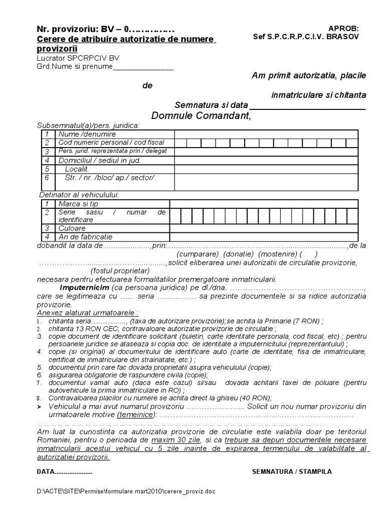 Cerere Numere Provizorii | PDF