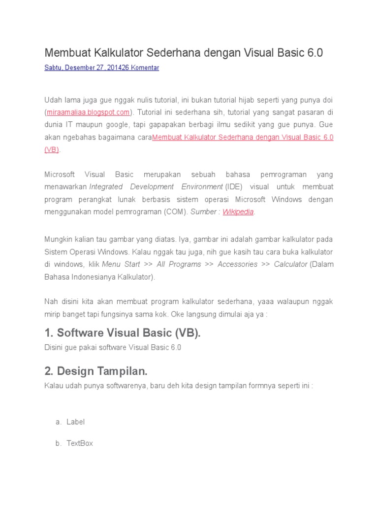 Membuat Kalkulator Sederhana Dengan Visual Basic 6 | PDF | Seni