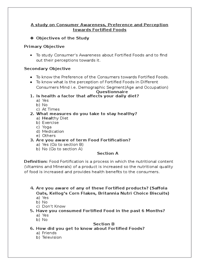 A Questionnaire For Consumer Awareness, Perception and Prefrence ...