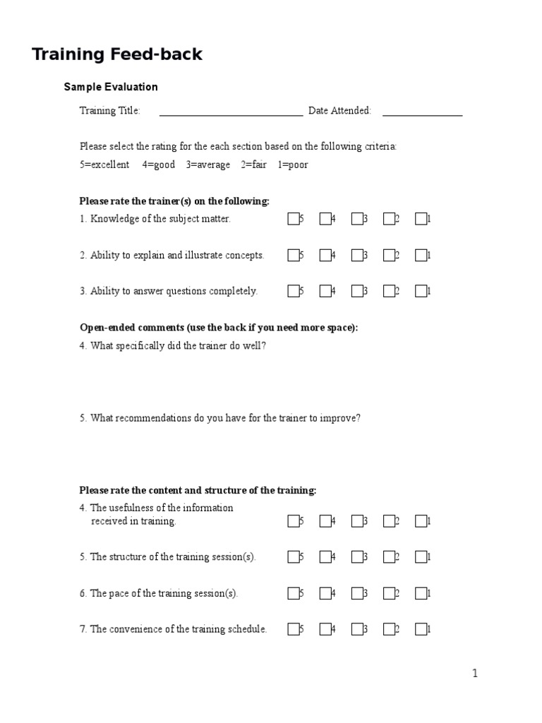 Training Feed-Back: Sample Evaluation | PDF