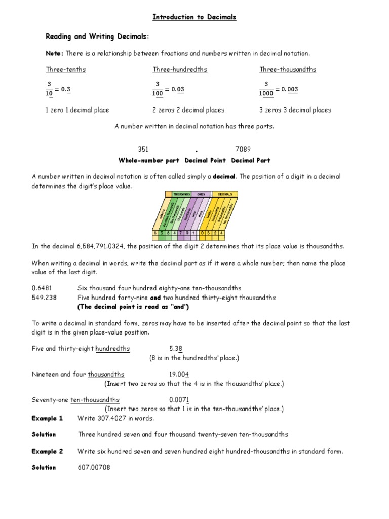 Introduction To Decimals PDF | Fraction (Mathematics) | Division ...