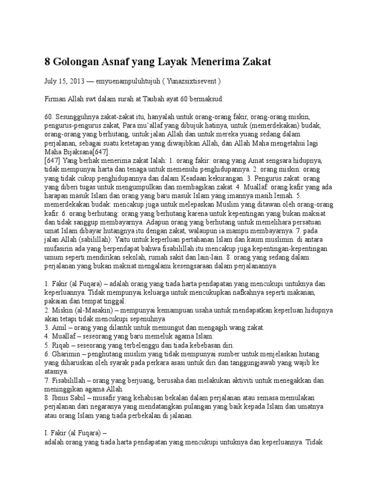 8 Golongan Asnaf Yang Layak Menerima | PDF