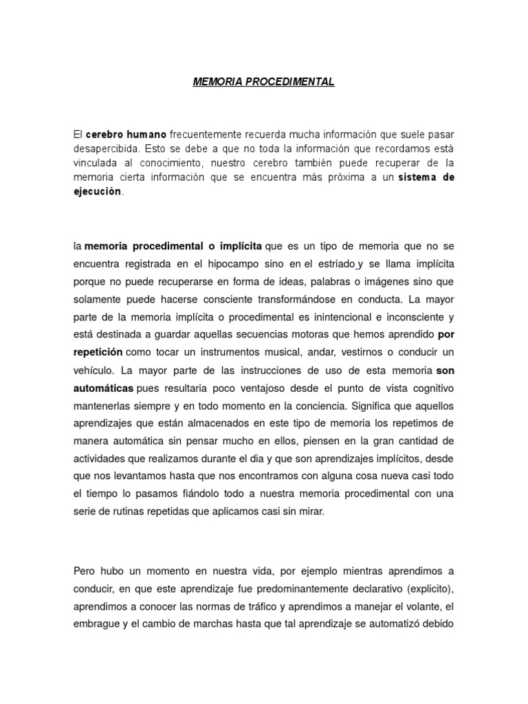 Memoria Procedimental | PDF | Memoria | Procesos mentales