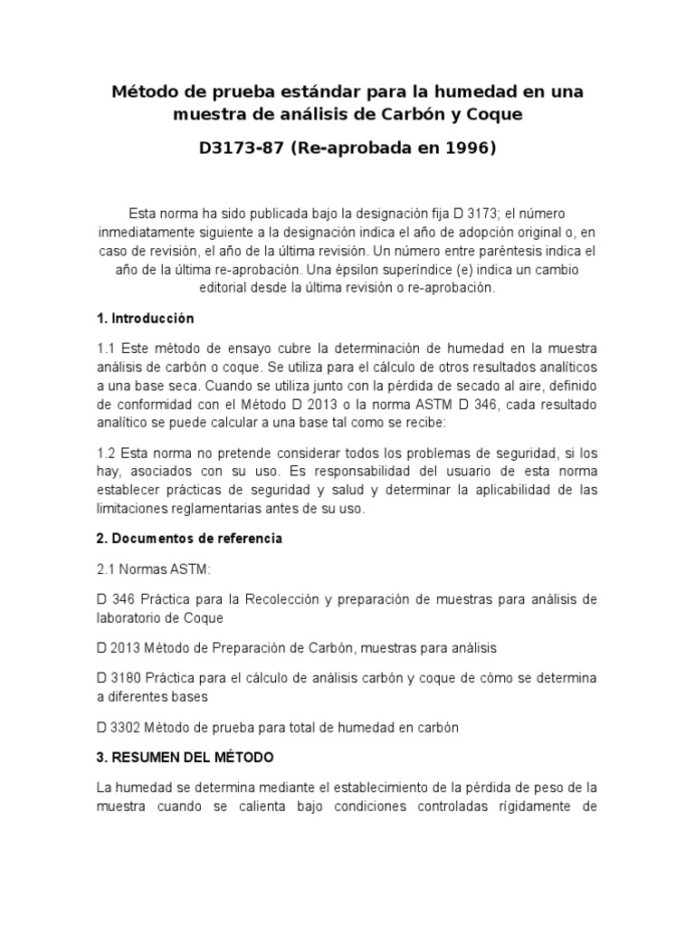 Método ASTM D3173 para humedad en carbón | PDF | Magnesio | Carbón