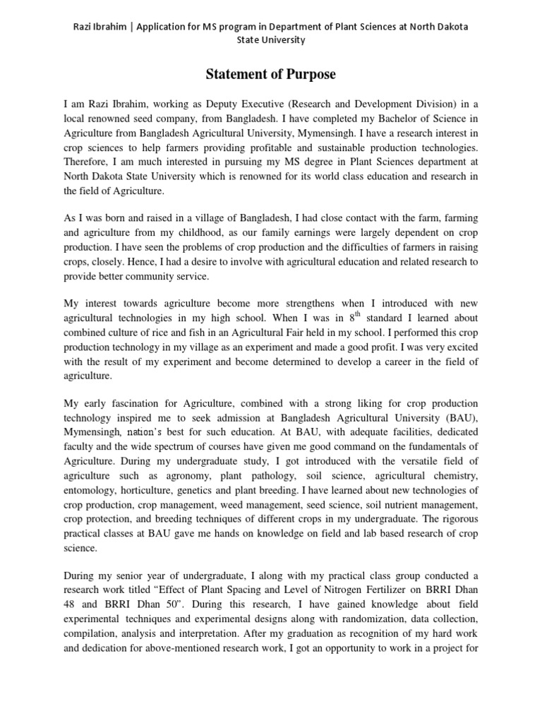 Statement of Purpose | Plant Breeding | Agriculture